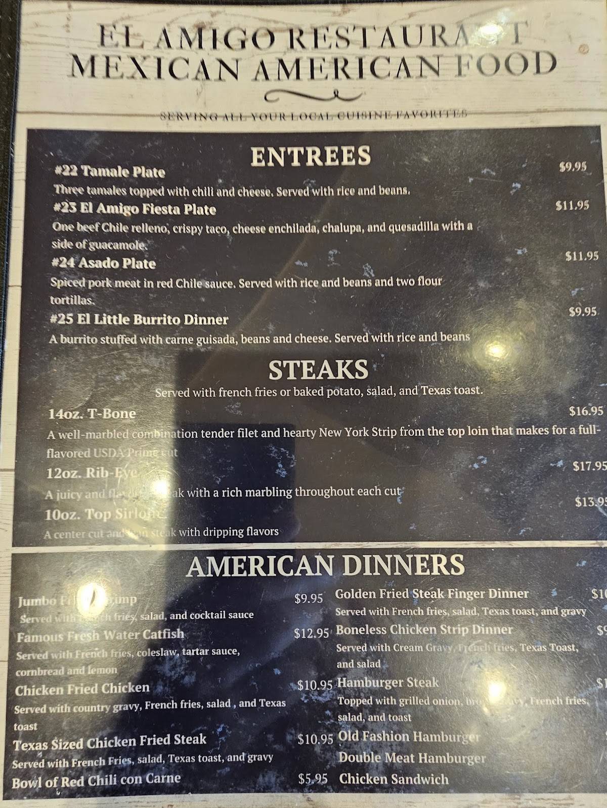 Menu at El Amigo restaurant, Andrews