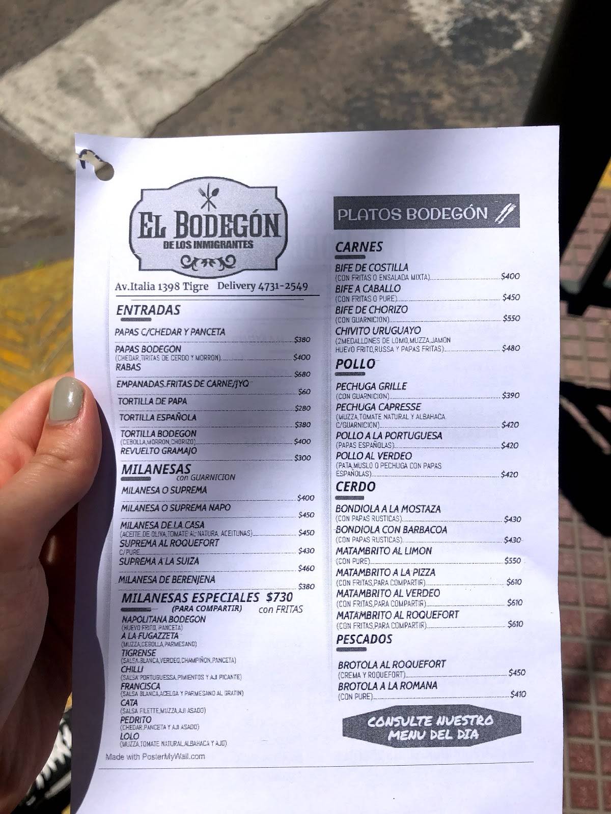 Carta del pub y bar El Bodegón del los Inmigrantes, Tigre