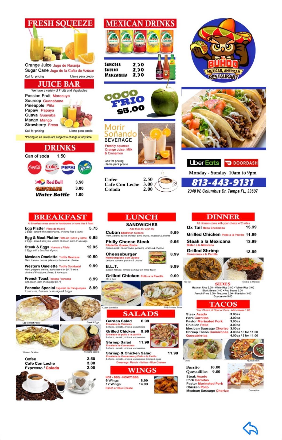 Menu at El Buhoo Mexican American Restaurant, Tampa