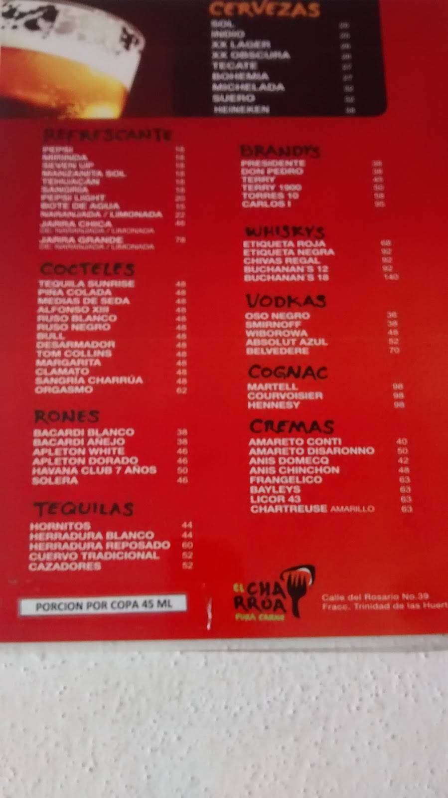 Carta de parrilla El Charrua Pura Carne, Oaxaca