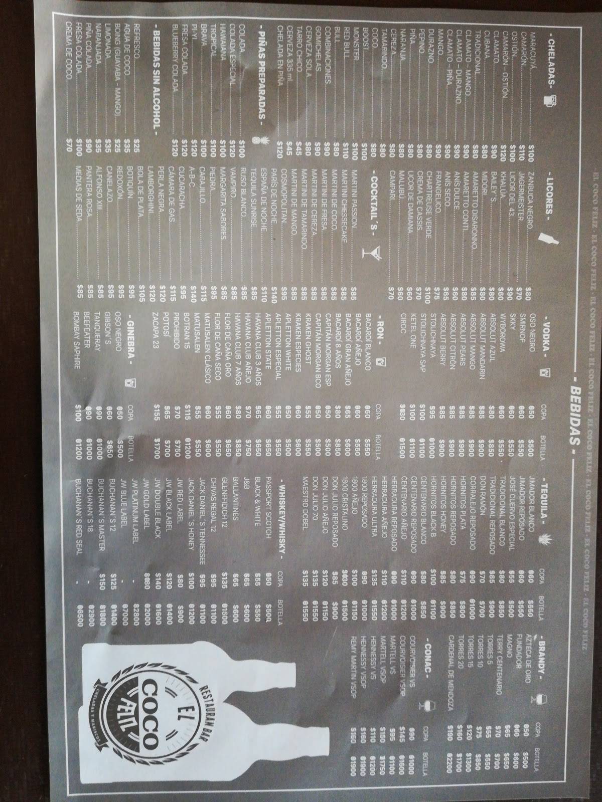 Carta del restaurante El Coco Feliz Micheladas Y Mariscos, Tultepec, MZ 069