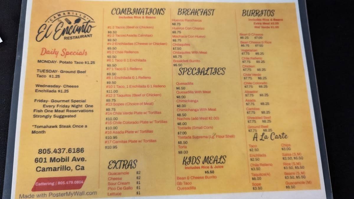 Menu at El Encanto restaurant, Camarillo