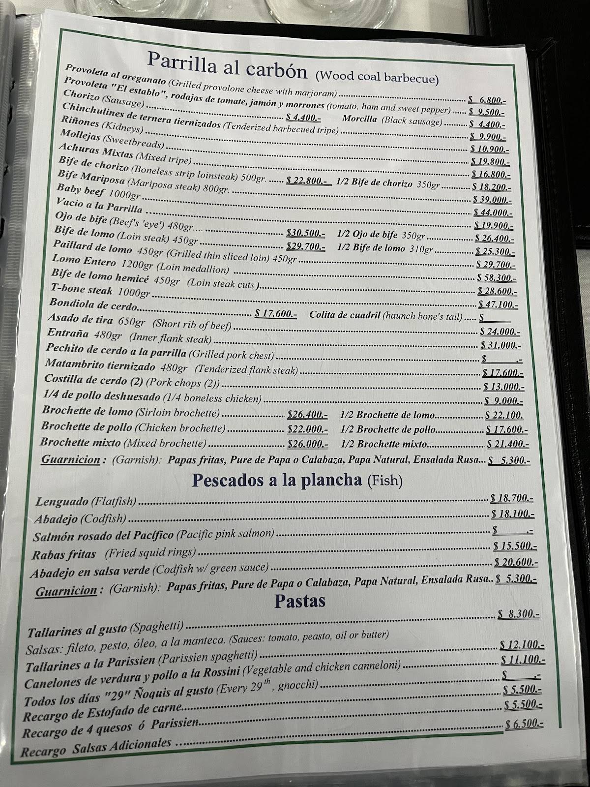 Menu at El Establo steakhouse, Buenos Aires, Paraguay 489