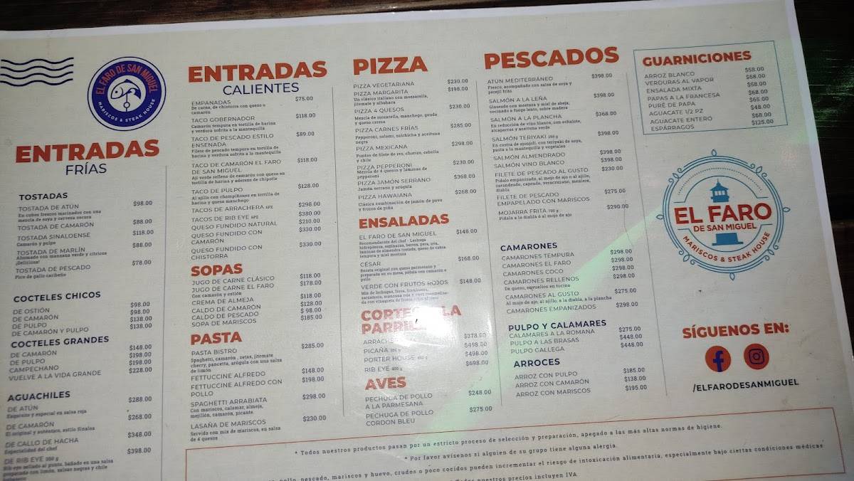 Menu at El Faro de San Miguel restaurant, San Miguel de Allende