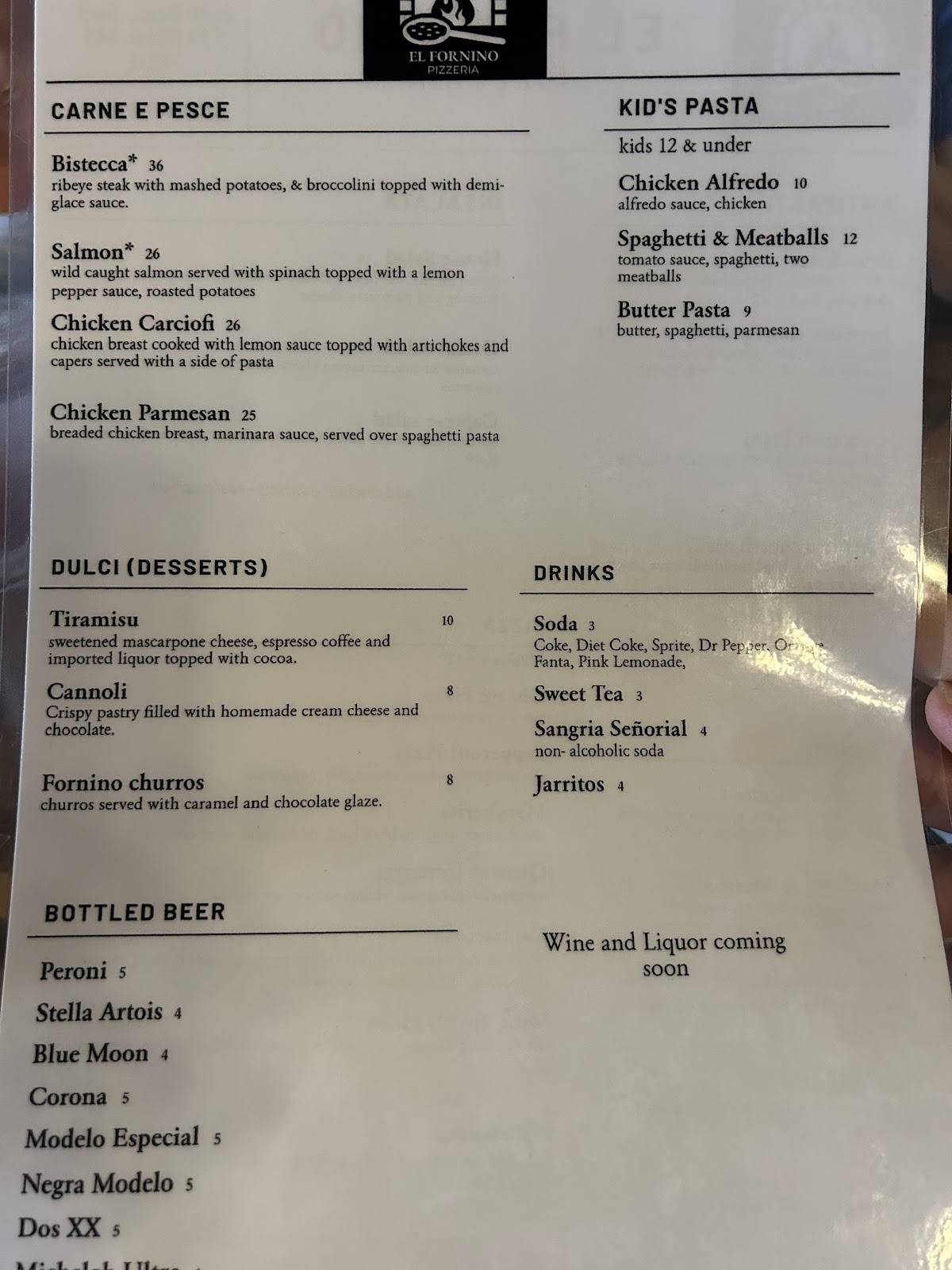 Menu at El Fornino Pizzeria, Biloxi