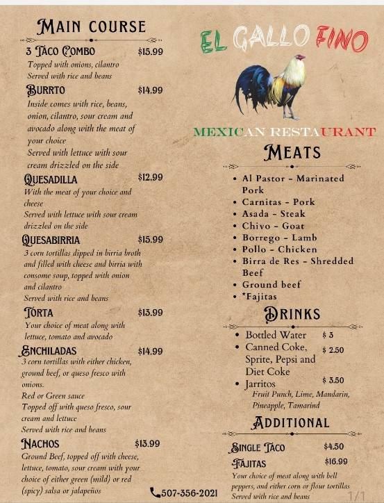 Menu at El Gallo Fino Mexican Restaurant, Pine Island