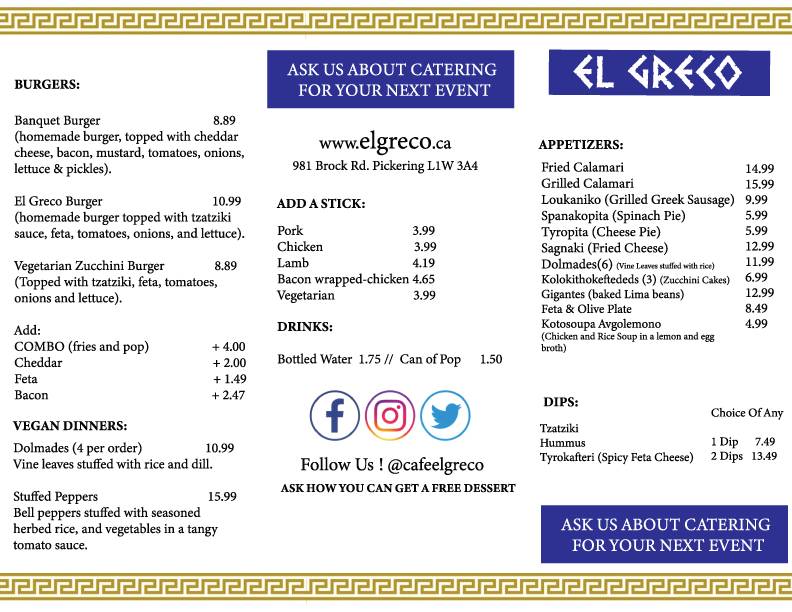 Carta de El Greco - Greek Restaurant, Pickering