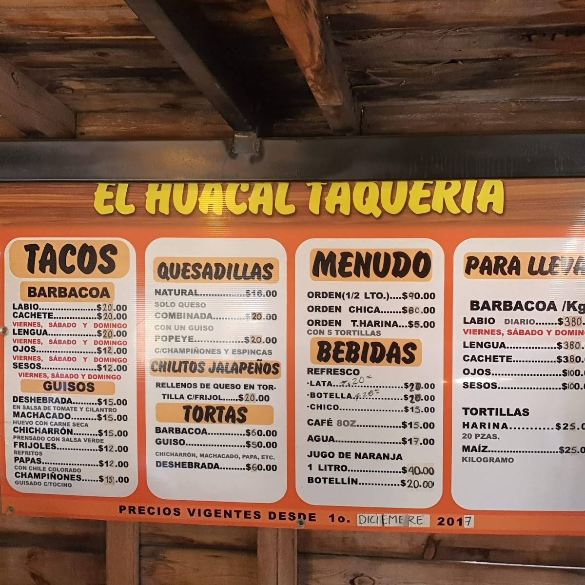 Carta del restaurante El Huacal, Saltillo