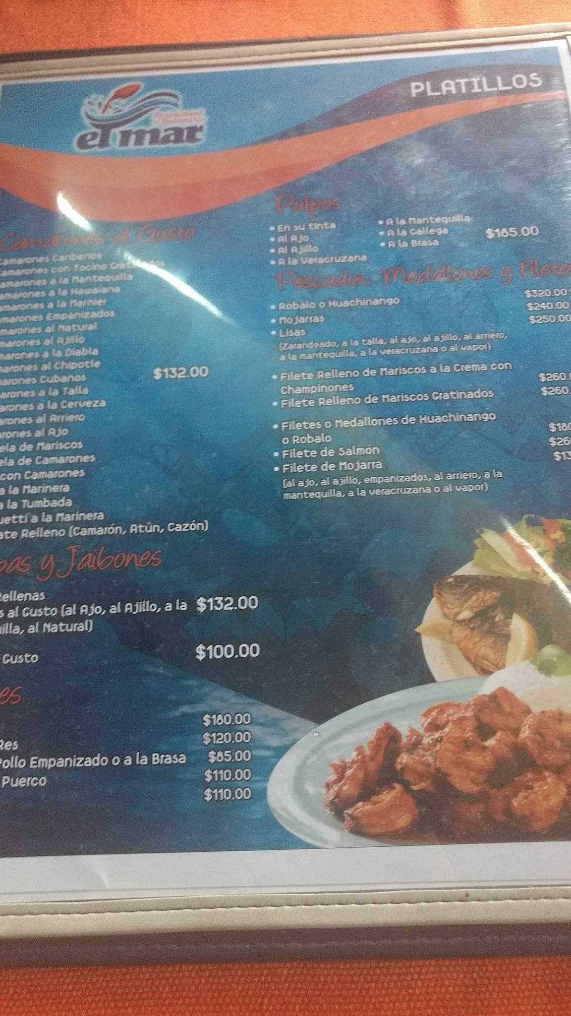 Carta del restaurante El Mar, Tuxtla Gutiérrez, Libramiento Sur Oriente