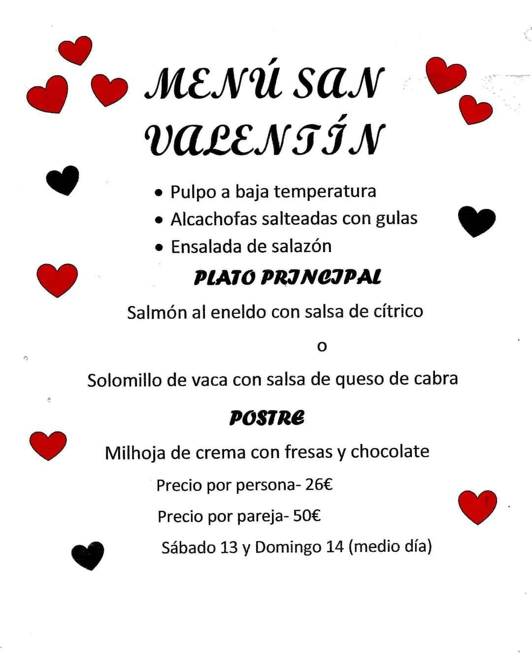 Carta del restaurante El Palacio, San Javier