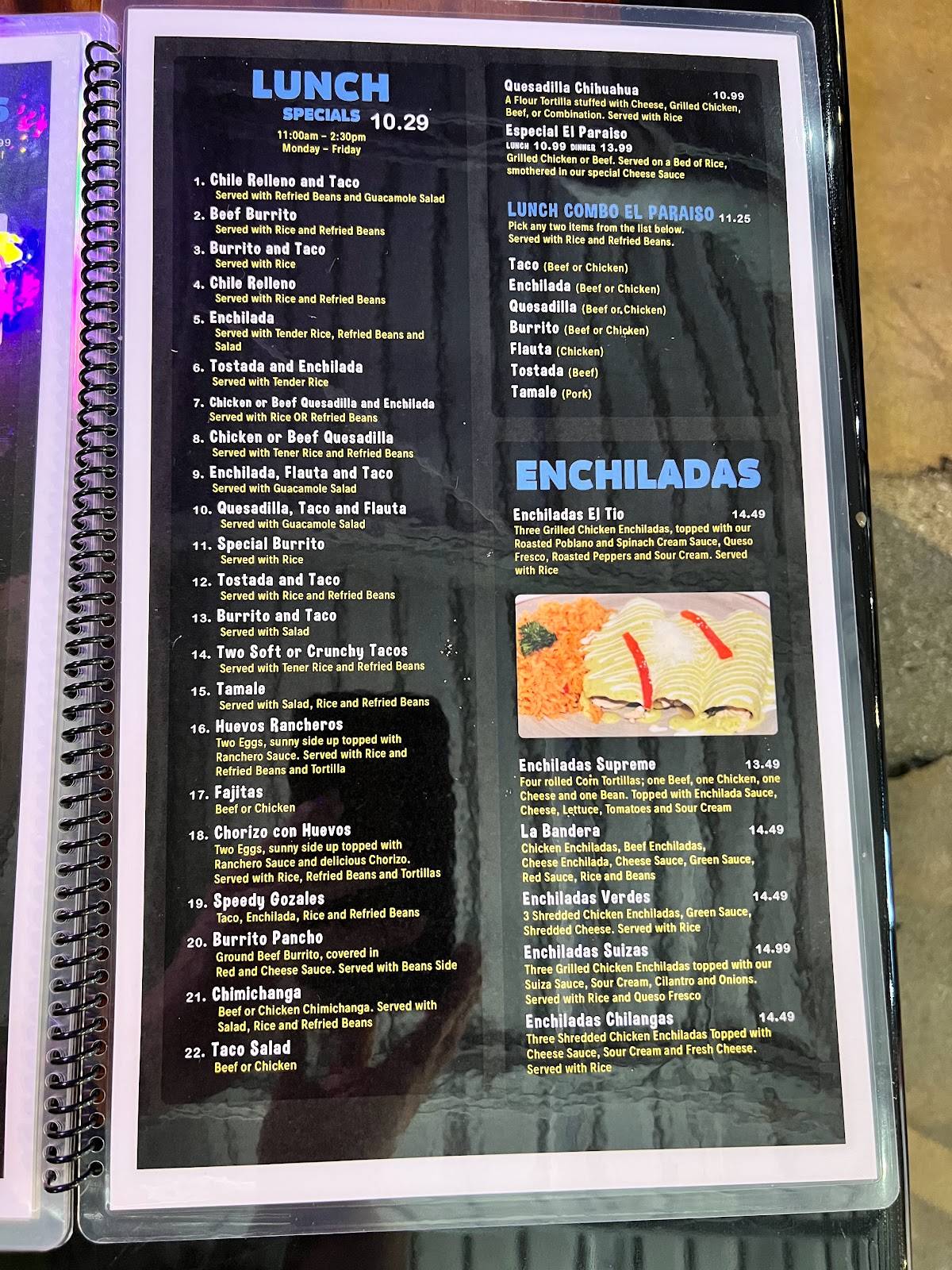 Menu at El Paraiso Mexican Kitchen Downtown Springfield steakhouse ...