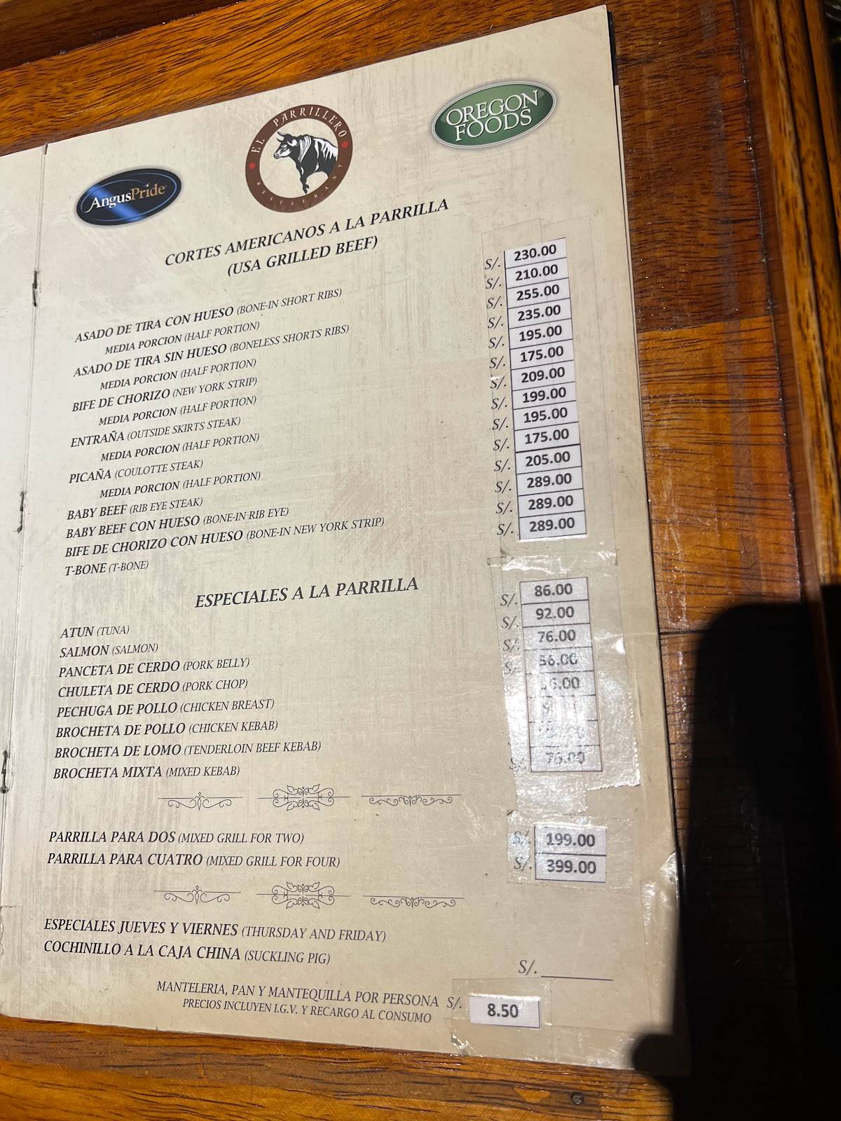 Carta del restaurante El Parrillero, Lima