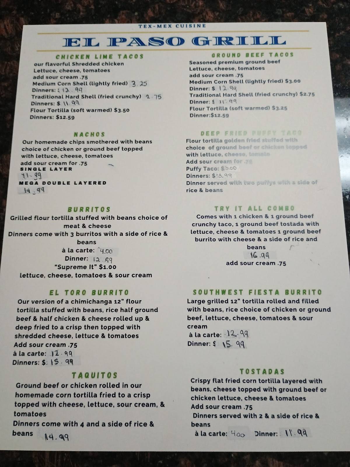 Menu at El Paso Grill restaurant, Saginaw, Gratiot Rd