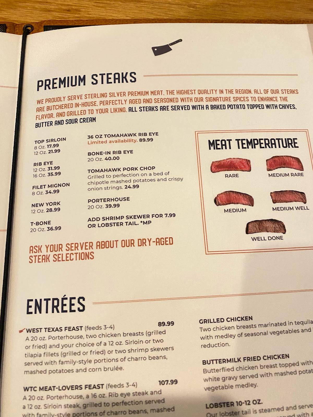 Menu at West Texas Chophouse steakhouse, El Paso