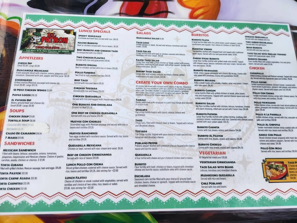 Menu at El Patron Mexican Restaurant, New Ellenton