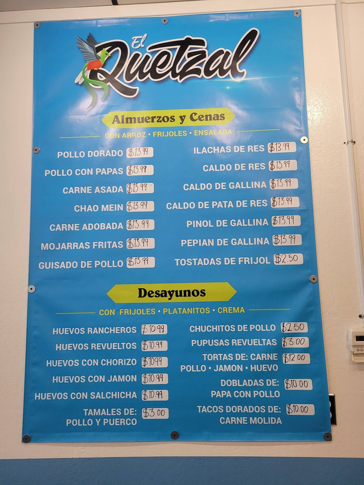 Carta del restaurante El Quetzal comida Guatemalteca, Burlingame