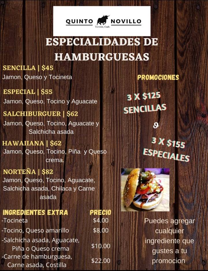Carta del restaurante El Quinto Novillo, Torreón