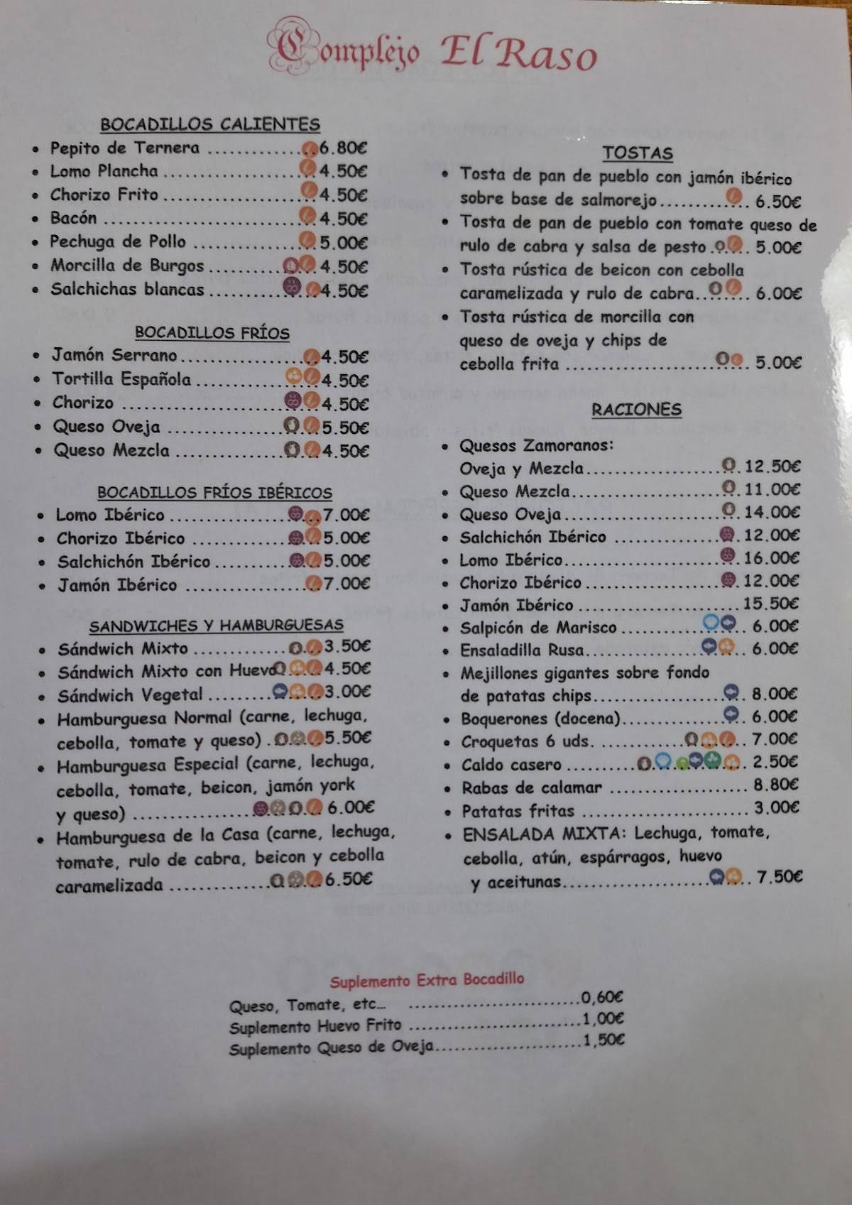 Carta del restaurante El Raso, España, Carretera Madrid - A Coruña