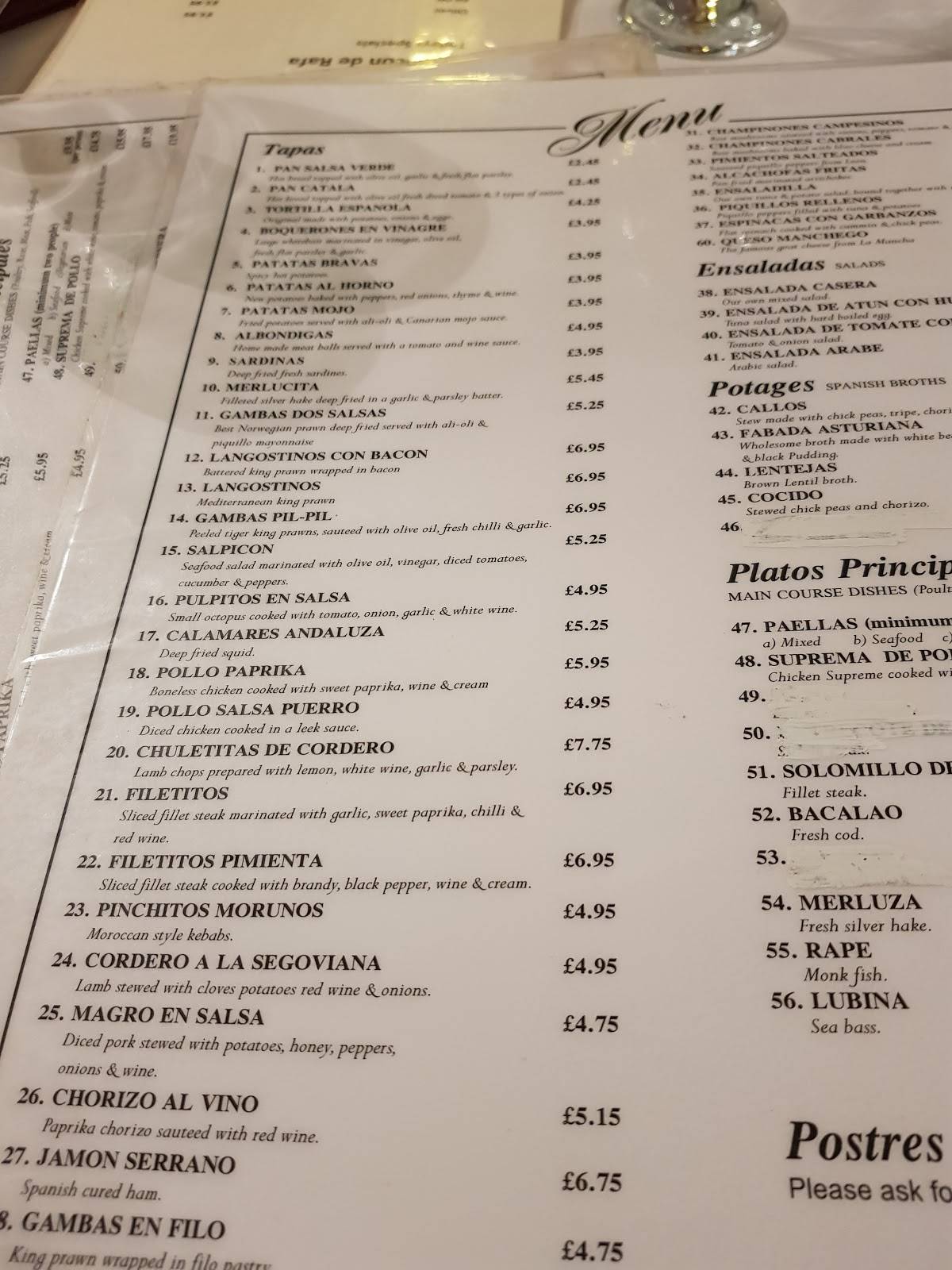 Menu at El Rincon de Rafa restaurant, Manchester