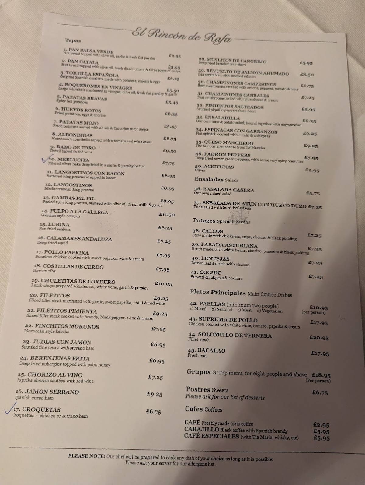 Menu at El Rincon de Rafa restaurant, Manchester