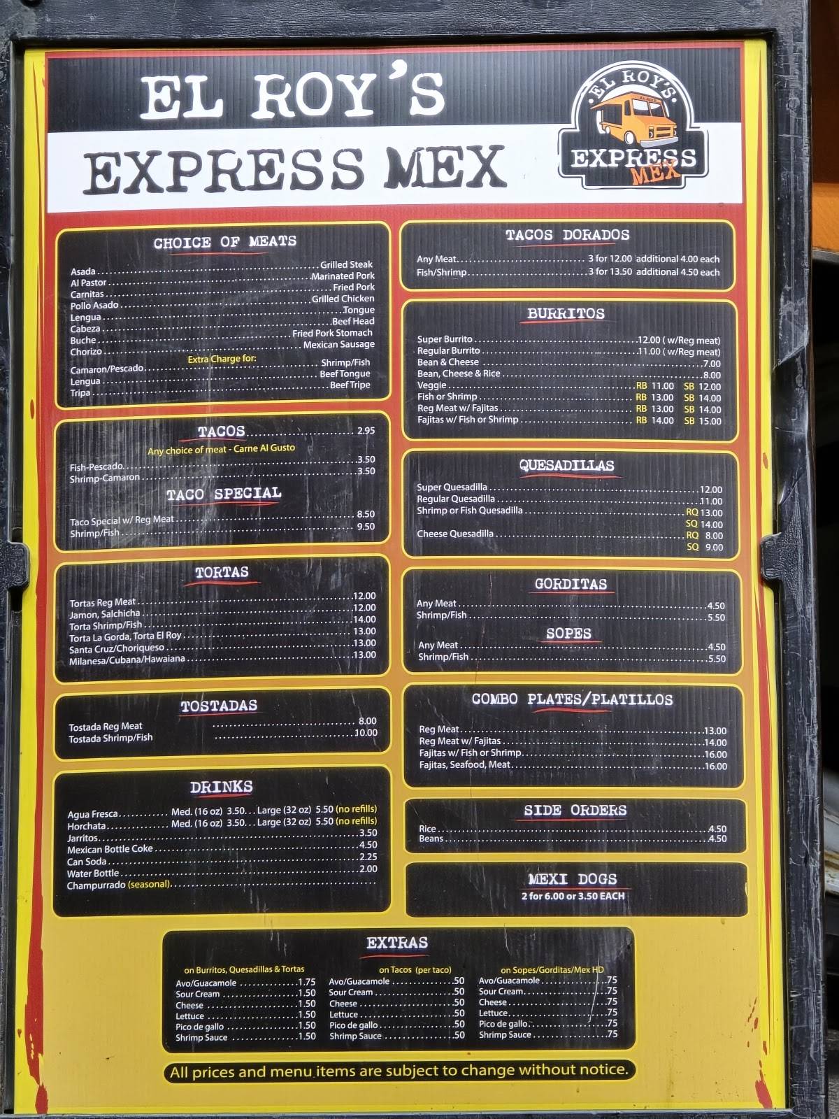 Menu at El Roy's Express Mex restaurant, Santa Rosa, 760 Sebastopol Rd