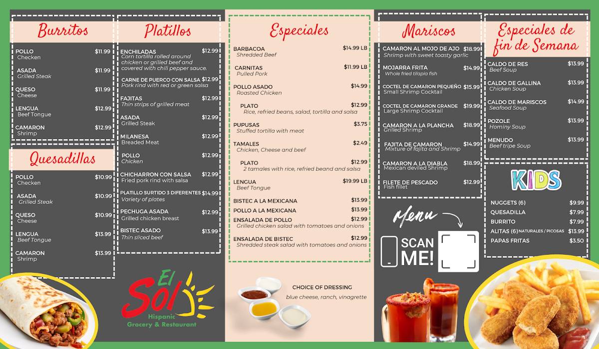 Menu at El Sol Hispanic Grocery and Restaurant, Calhoun