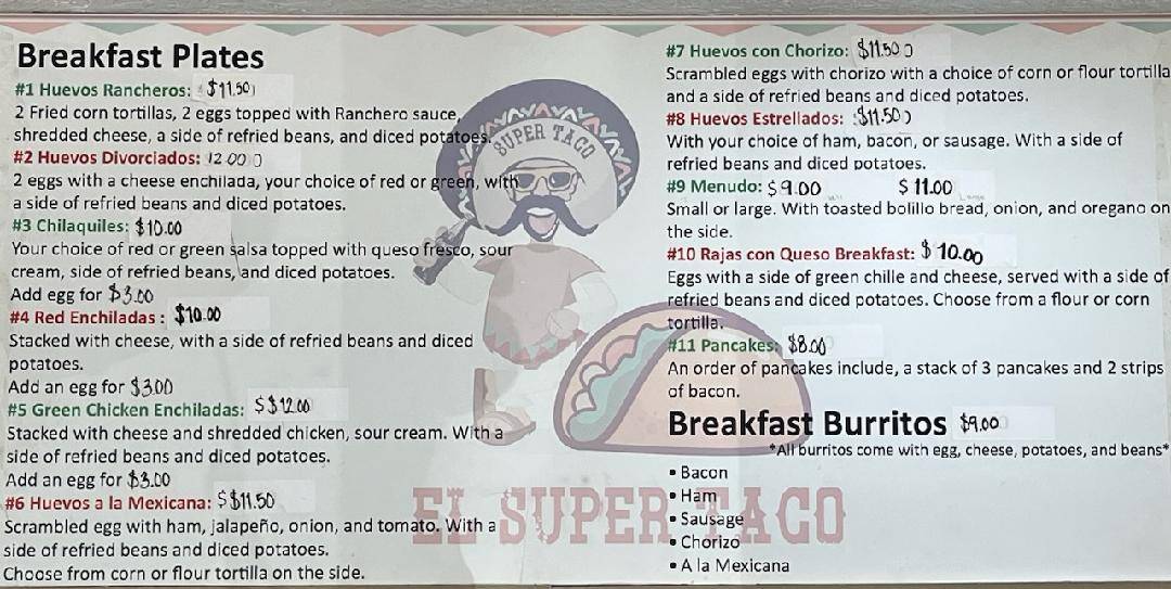 Menu at El Super Taco restaurant, Los Lunas, 223 Hwy 314 SW