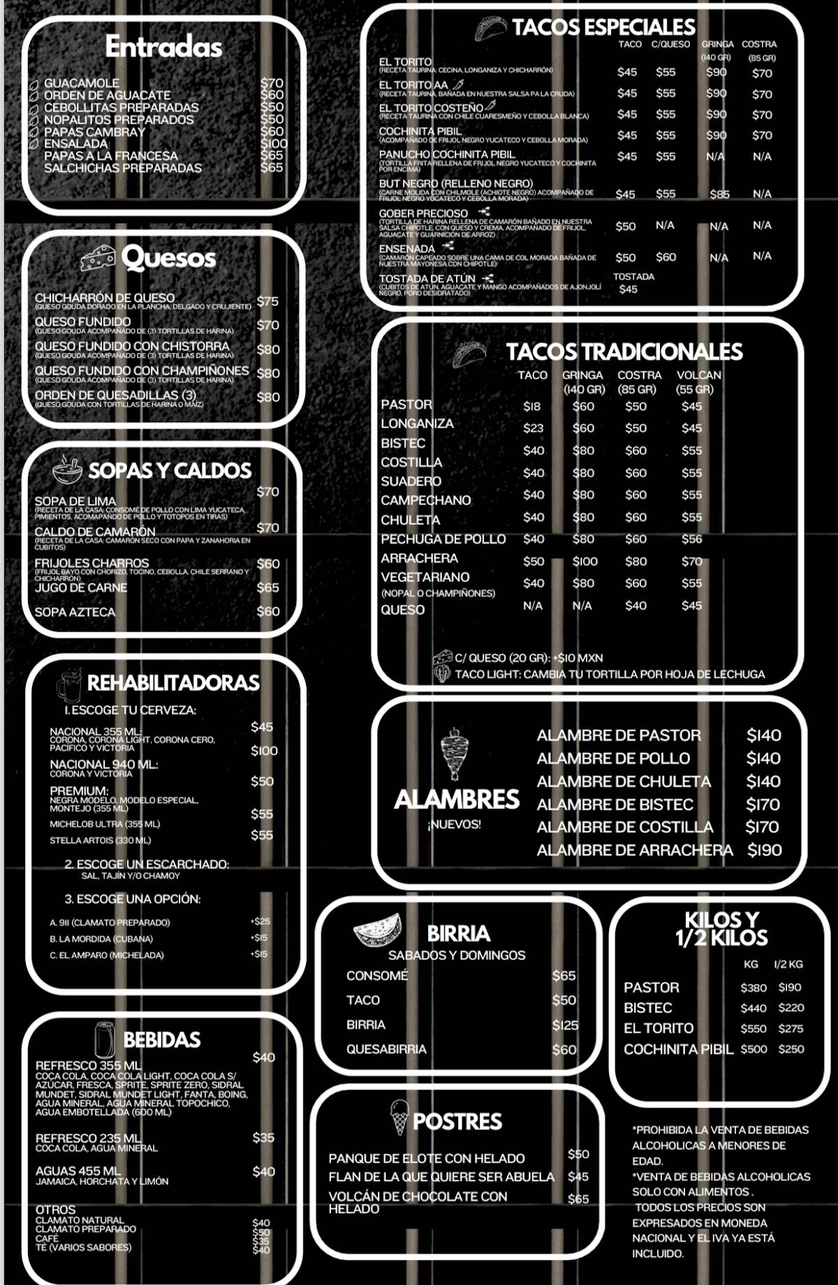 Carta del restaurante El Torito Mx Taqueria, Ciudad del México