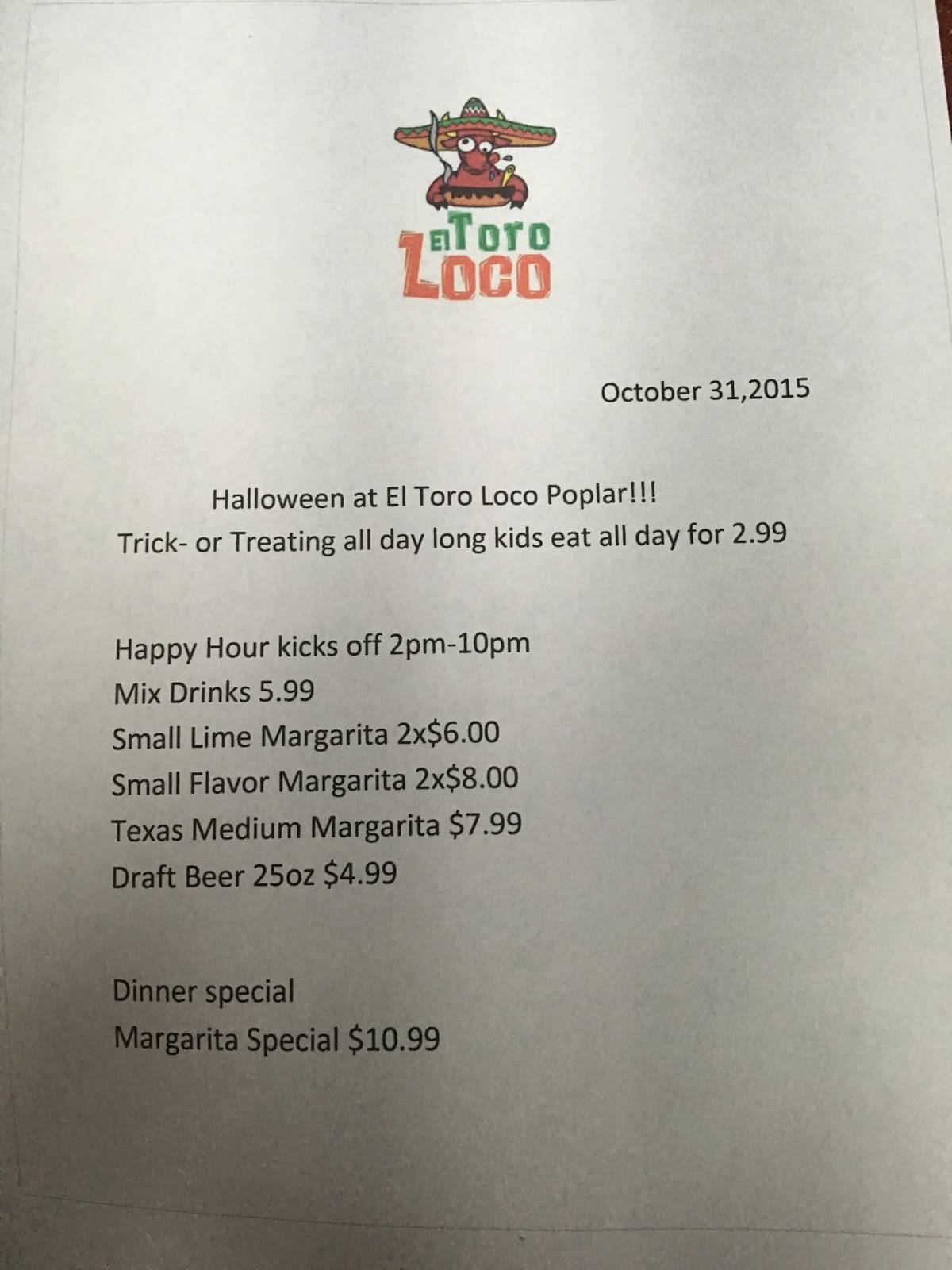 Menu at El Toro Loco restaurant, Memphis, Poplar Ave