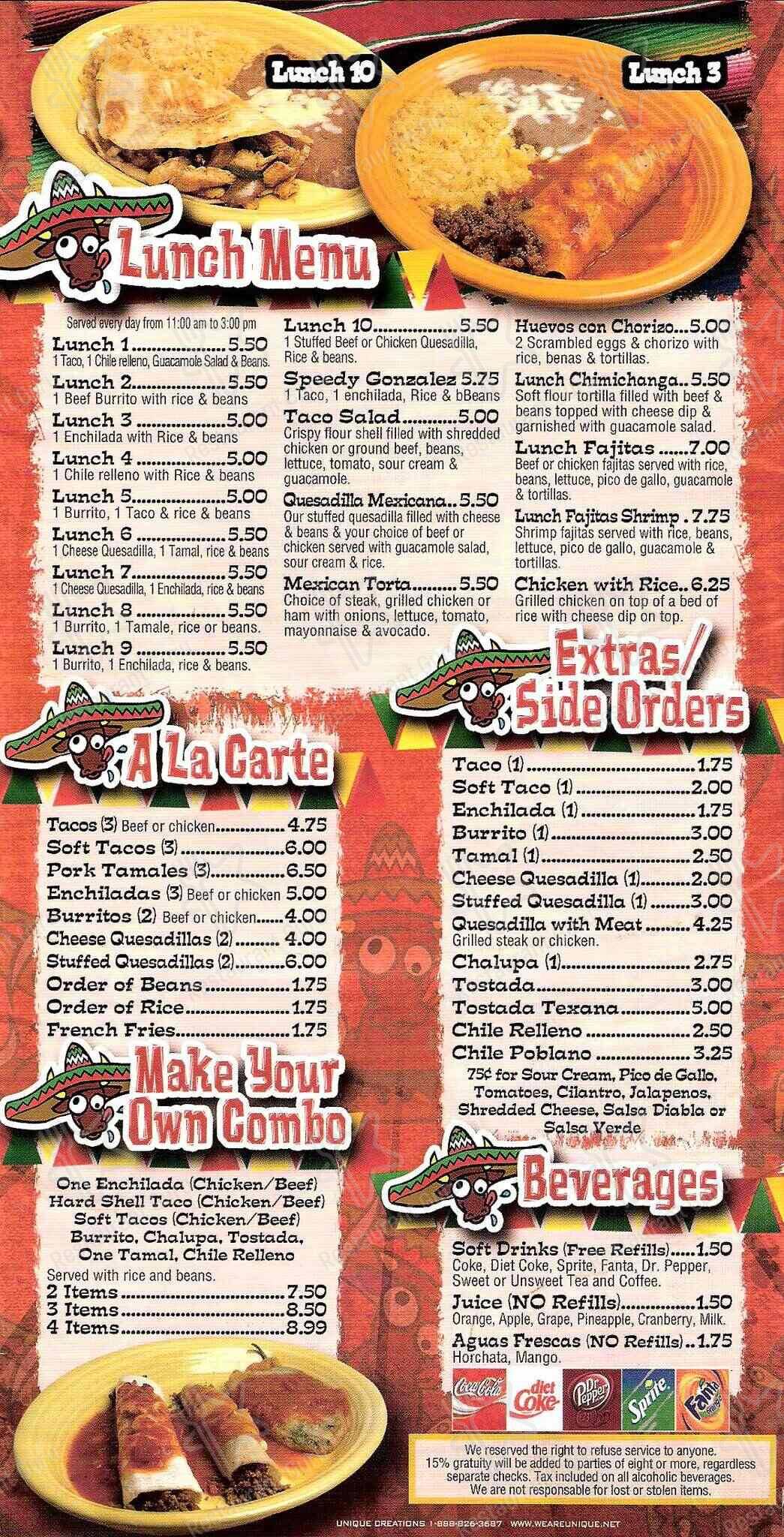 Menu at El Toro Loco restaurant, Memphis, Poplar Ave
