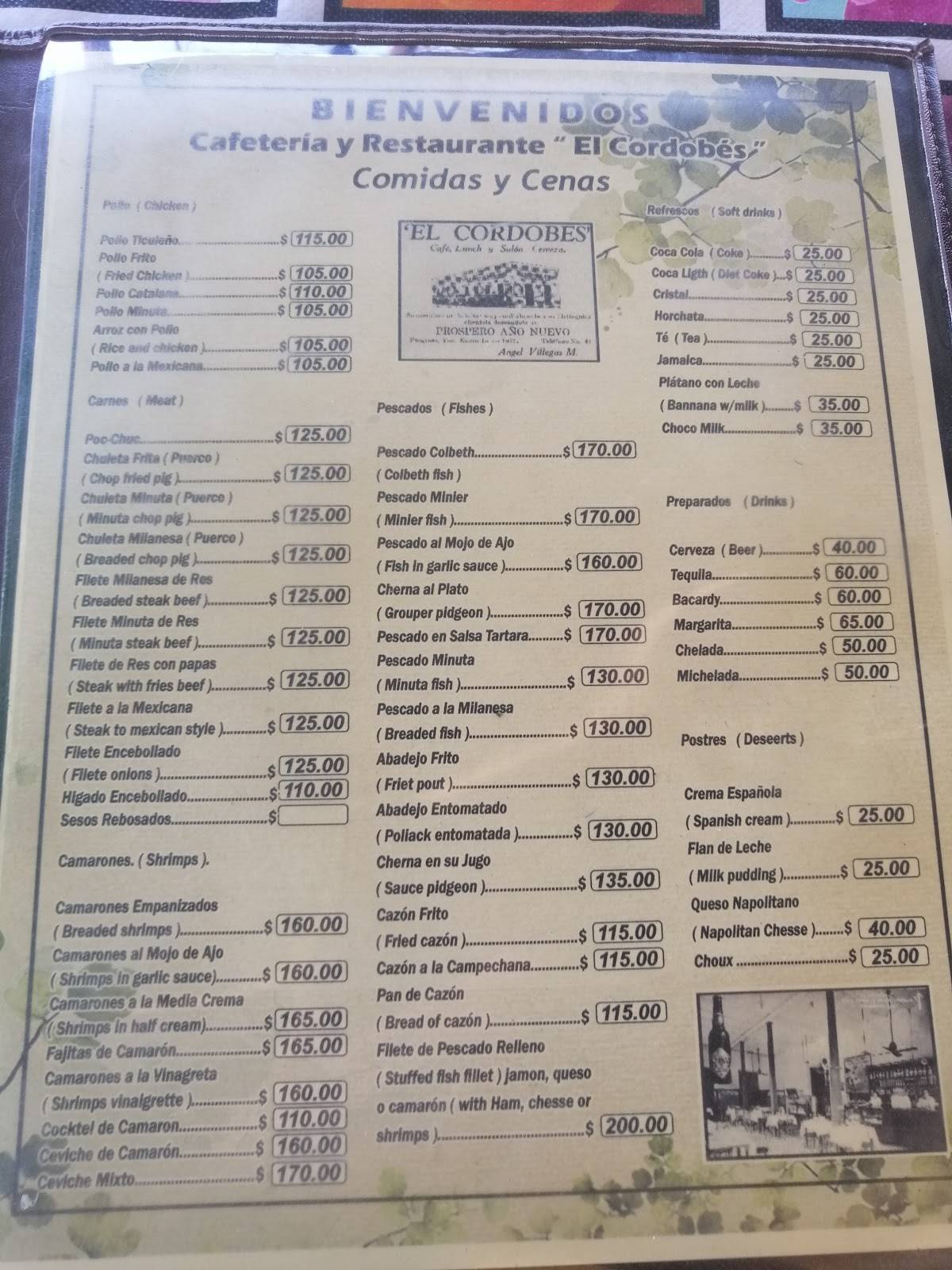 Carta del restaurante El cordobes, Progreso, C. 80 38