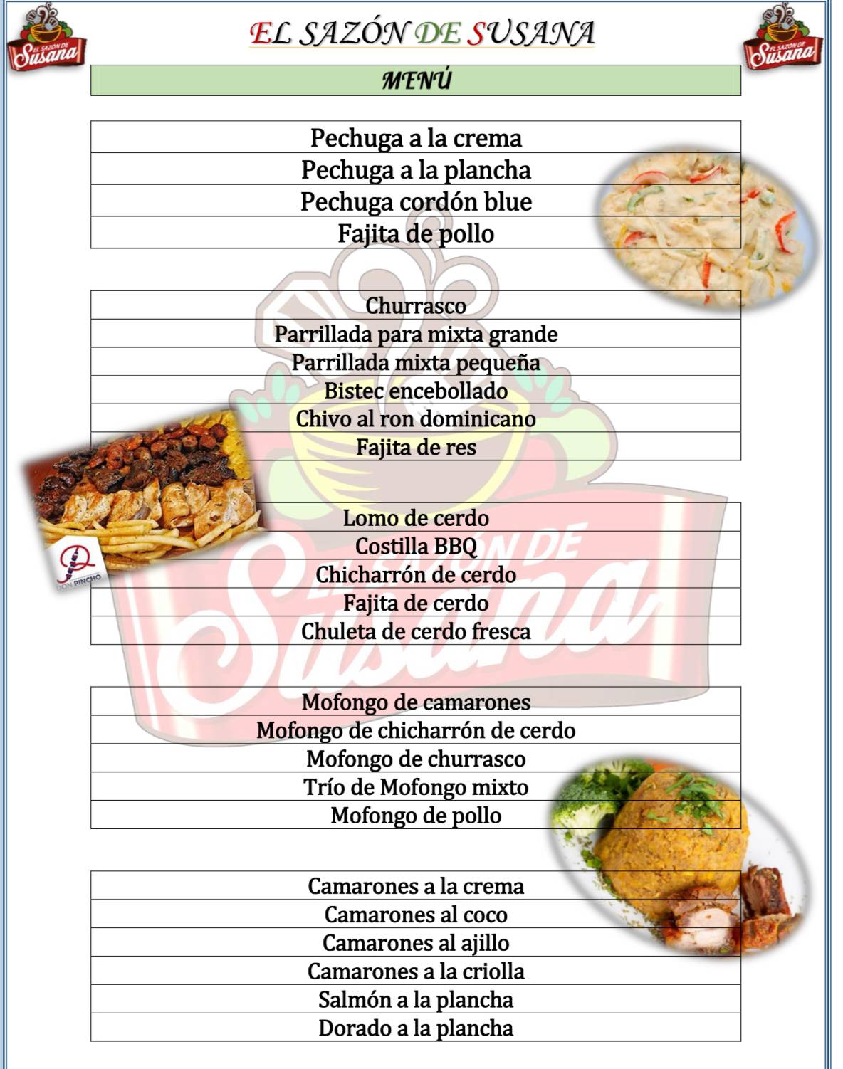 Menu at El sazón de Susana Restaurante y Pica Pollo, Santo Domingo