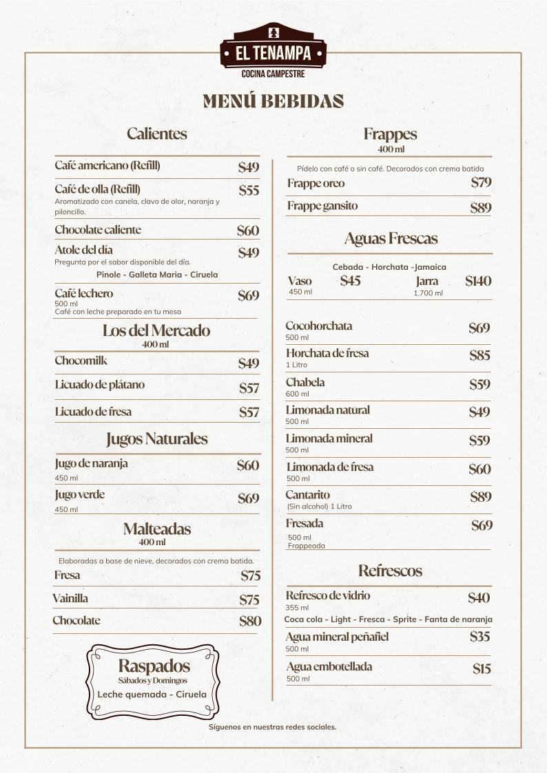 Carta de El Tenampa Restaurante Campestre, Mazatlán