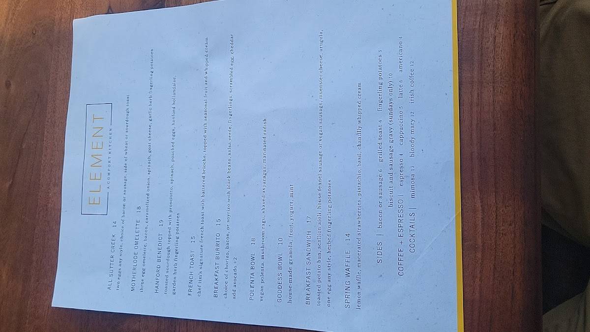 Menu at Element restaurant, Sutter Creek