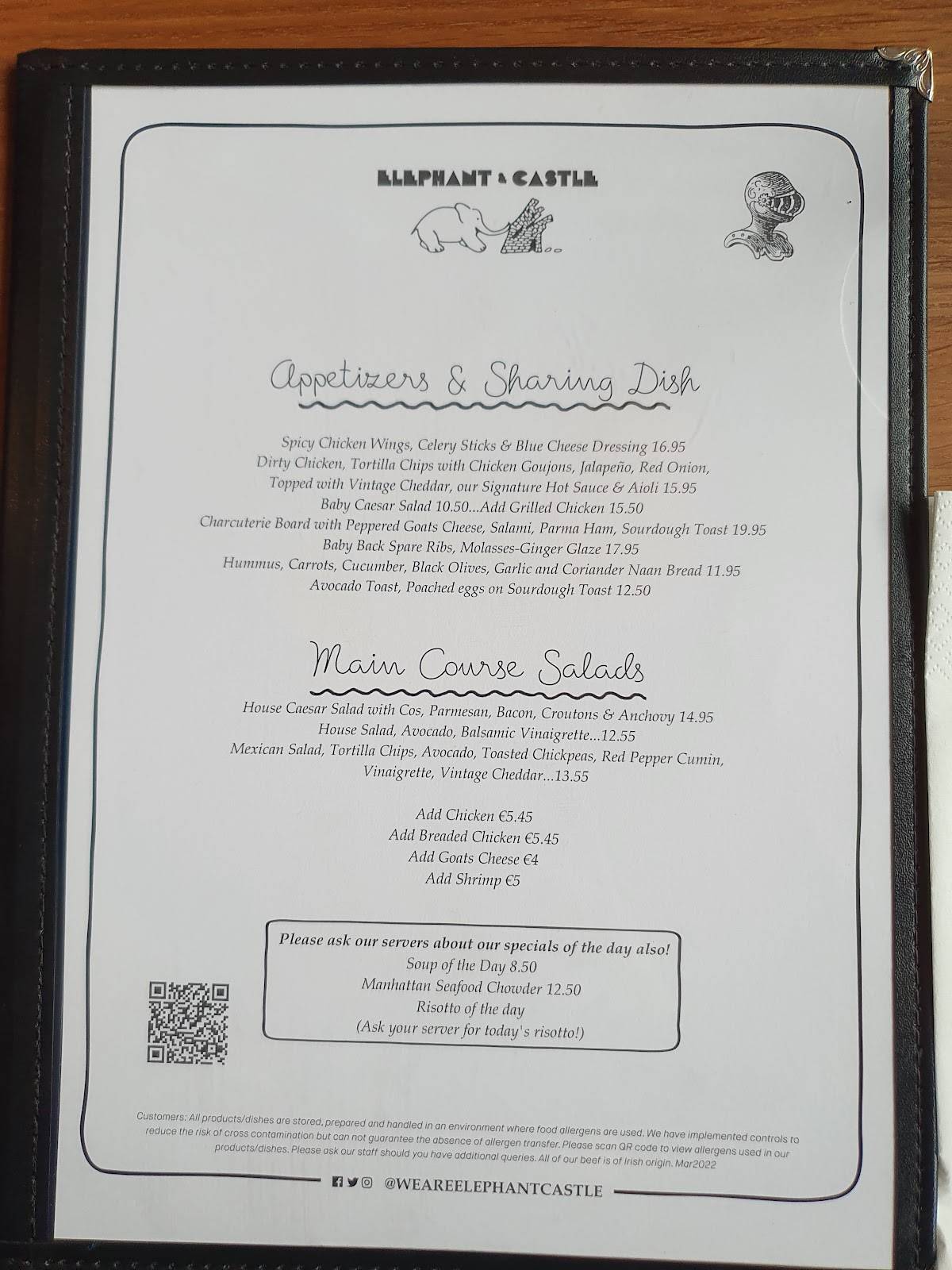 Menu at Elephant & Castle Bray restaurant, Bray