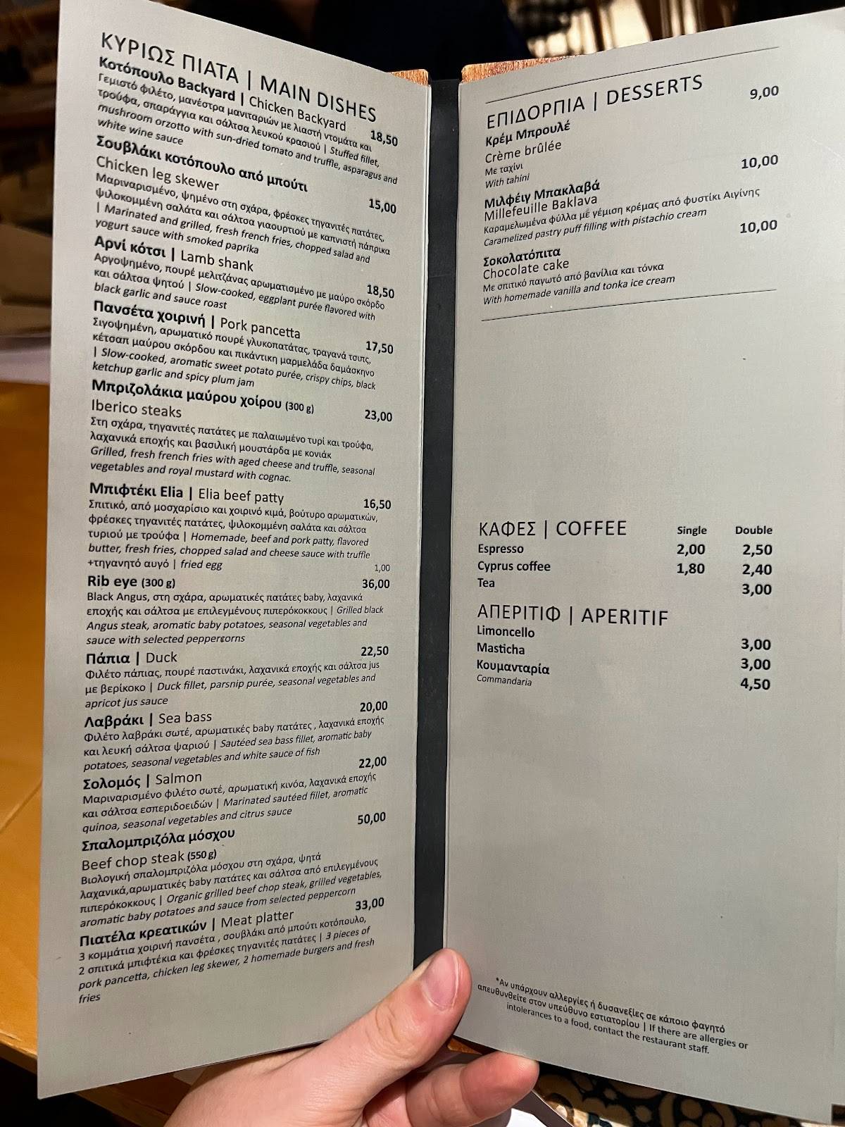 Menu at Elia Backyard Restaurant, Larnaca