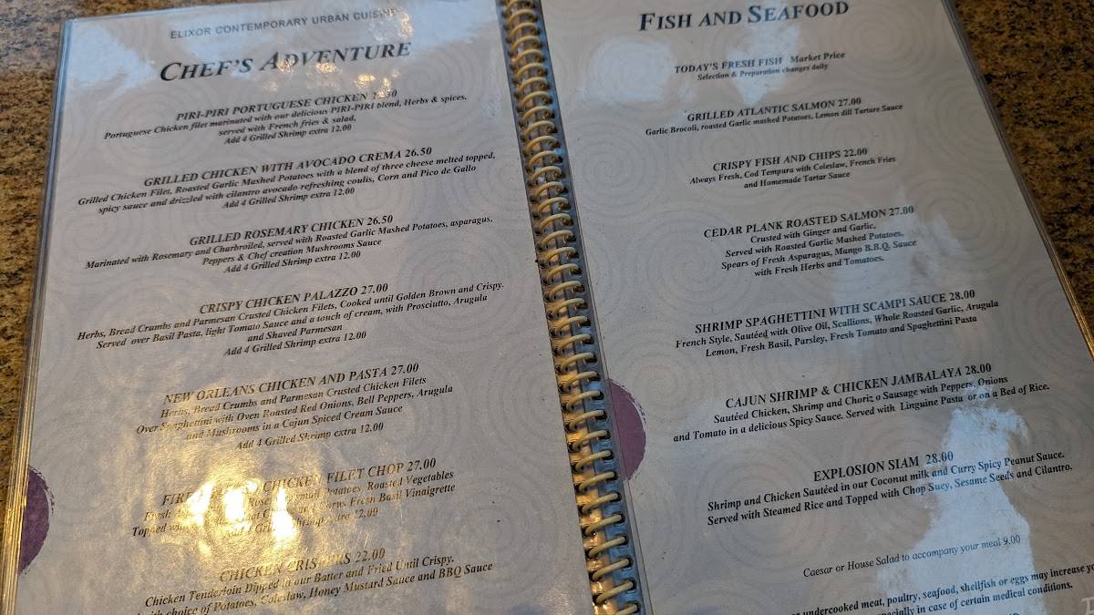 Menu au Elixor restaurant, Laval, Av. Pierre-Péladeau