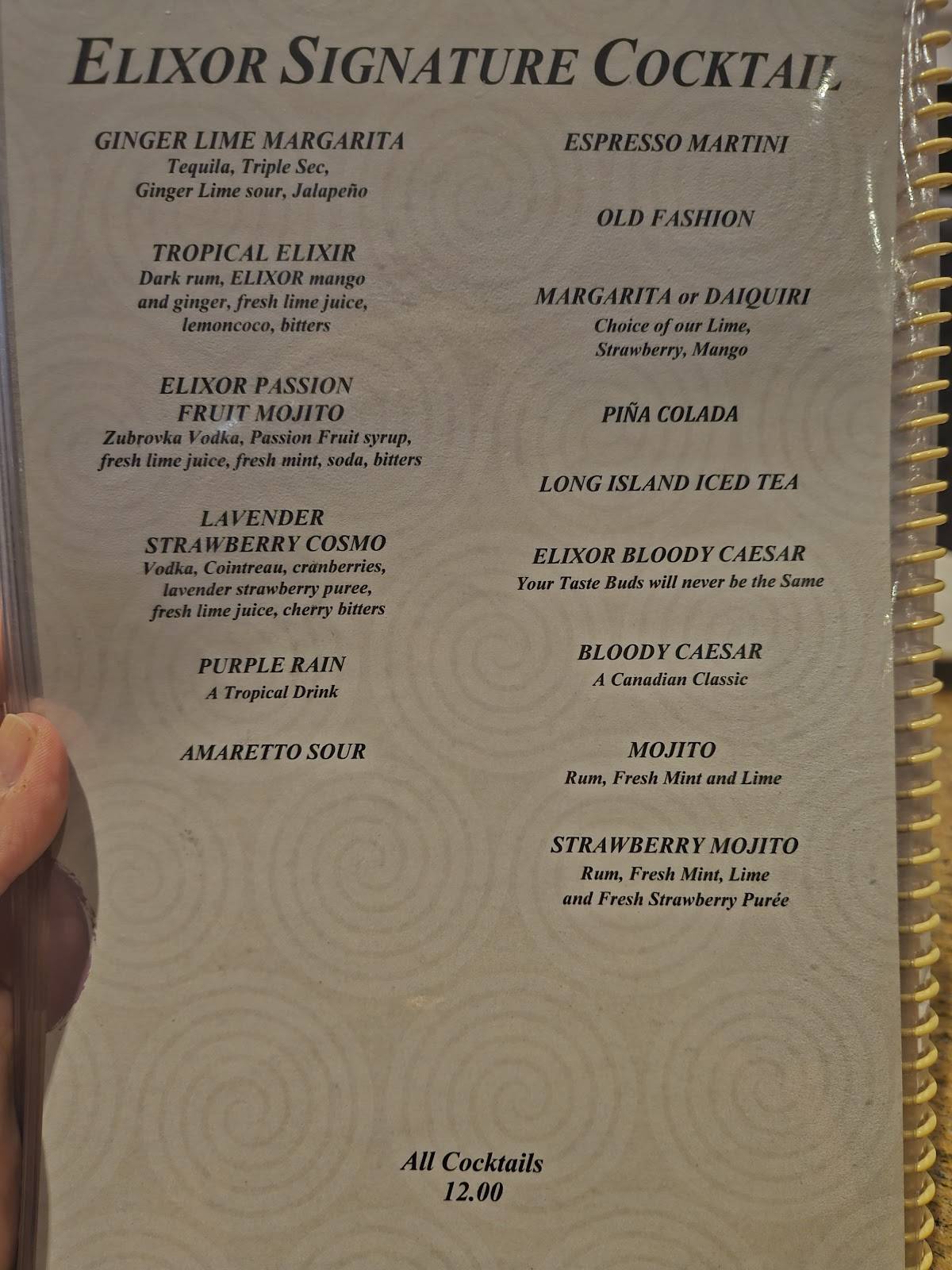 Menu au Elixor restaurant, Laval, Av. Pierre-Péladeau