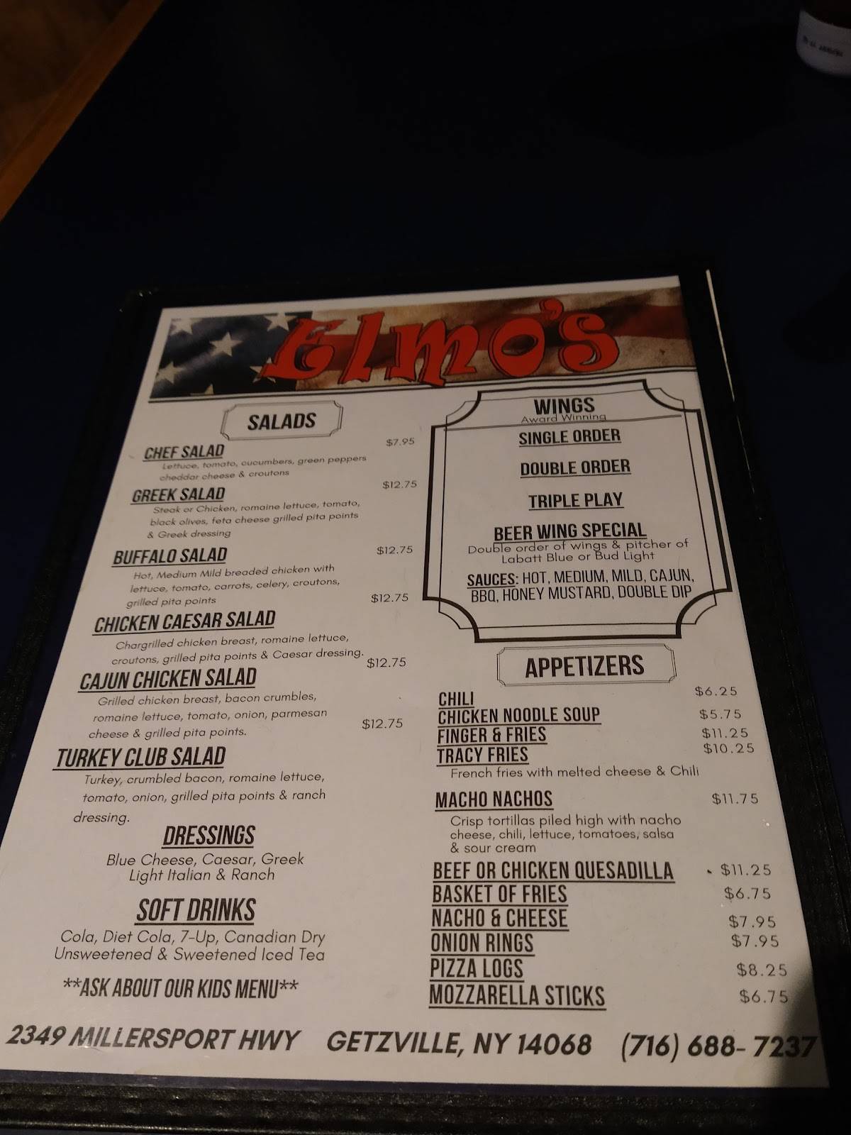 Menu at ELMO'S RESTAURANT & BAR, Getzville