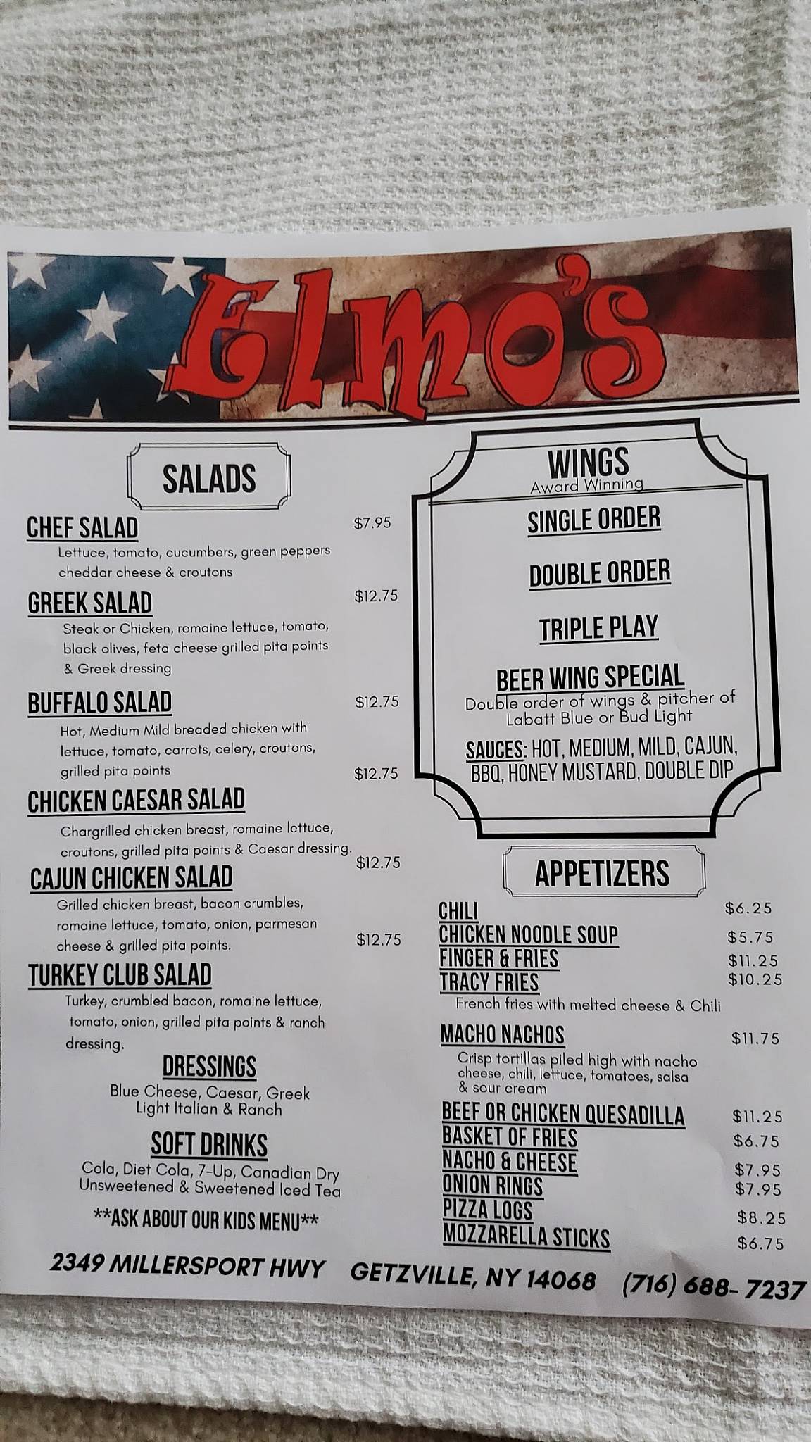 Menu at ELMO'S RESTAURANT & BAR, Getzville