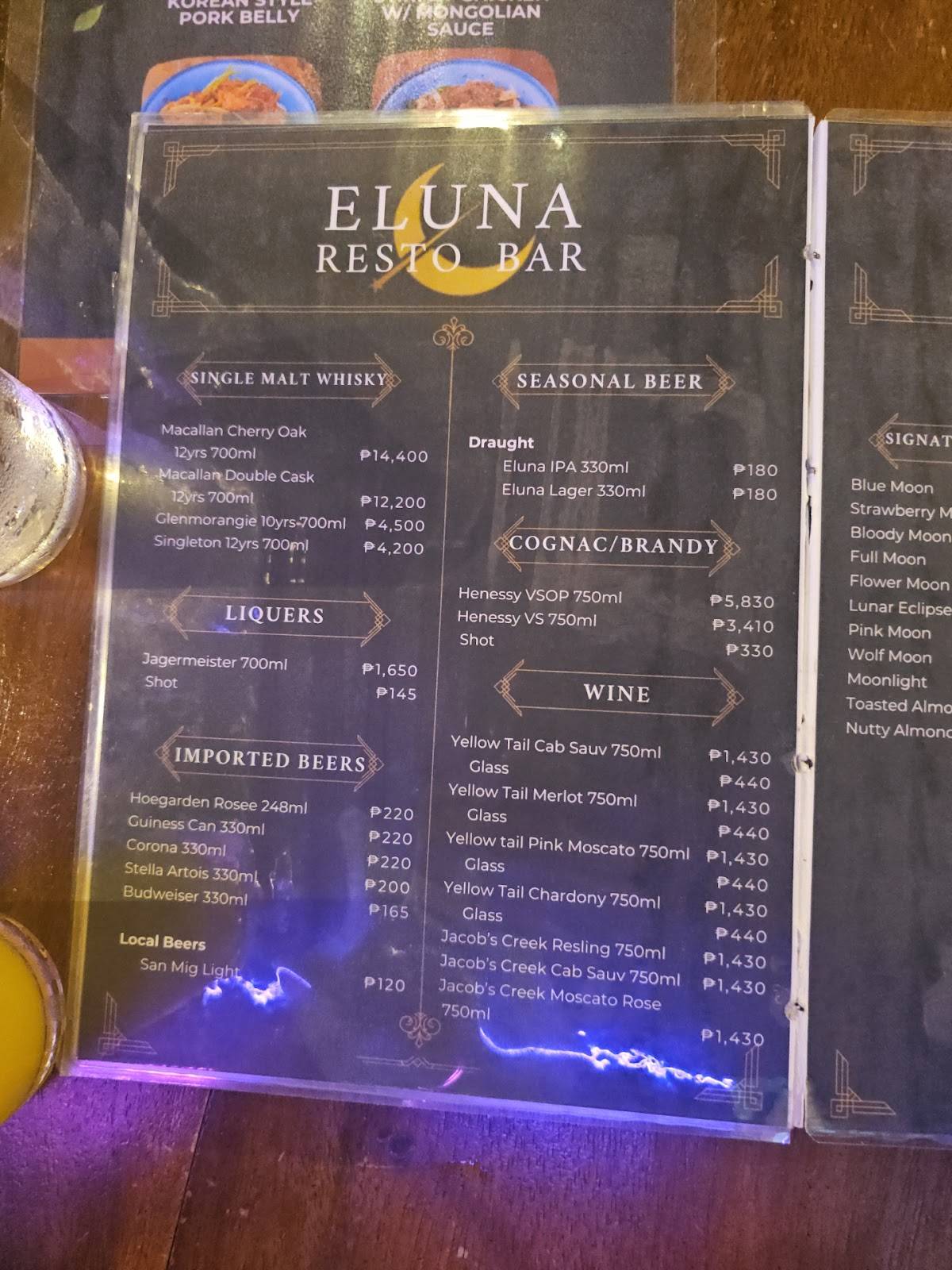 Menu at Eluna Bar & Restaurant, Quezon City