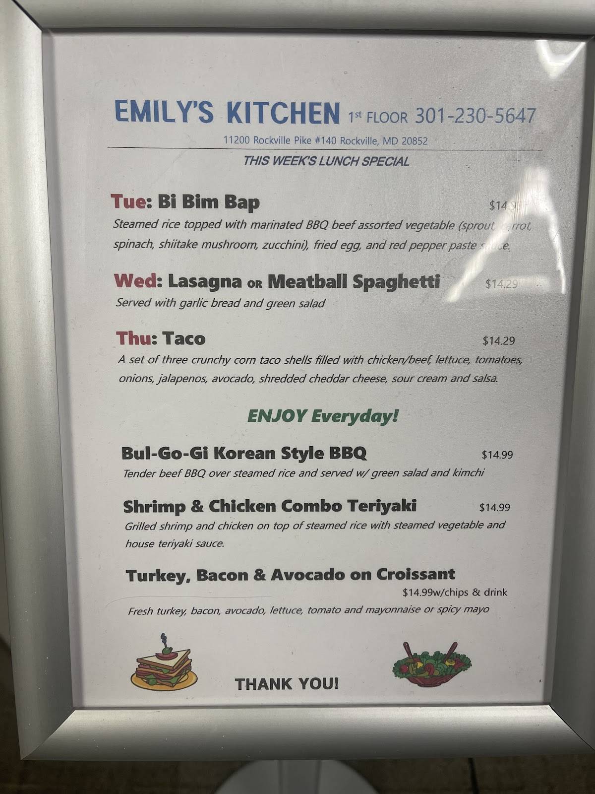 Menu at Emily's Kitchen restaurant, Rockville, 11200 Rockville Pike