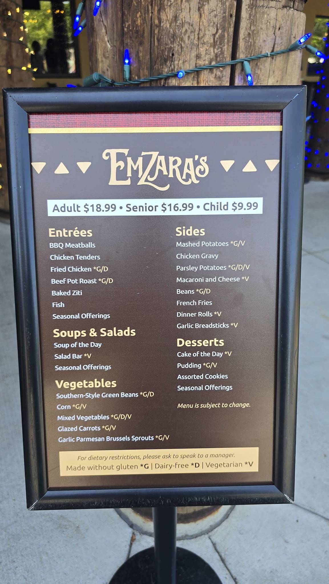 Menu at Emzara's Buffet restaurant, Williamstown, 1 Ark Encounter Dr