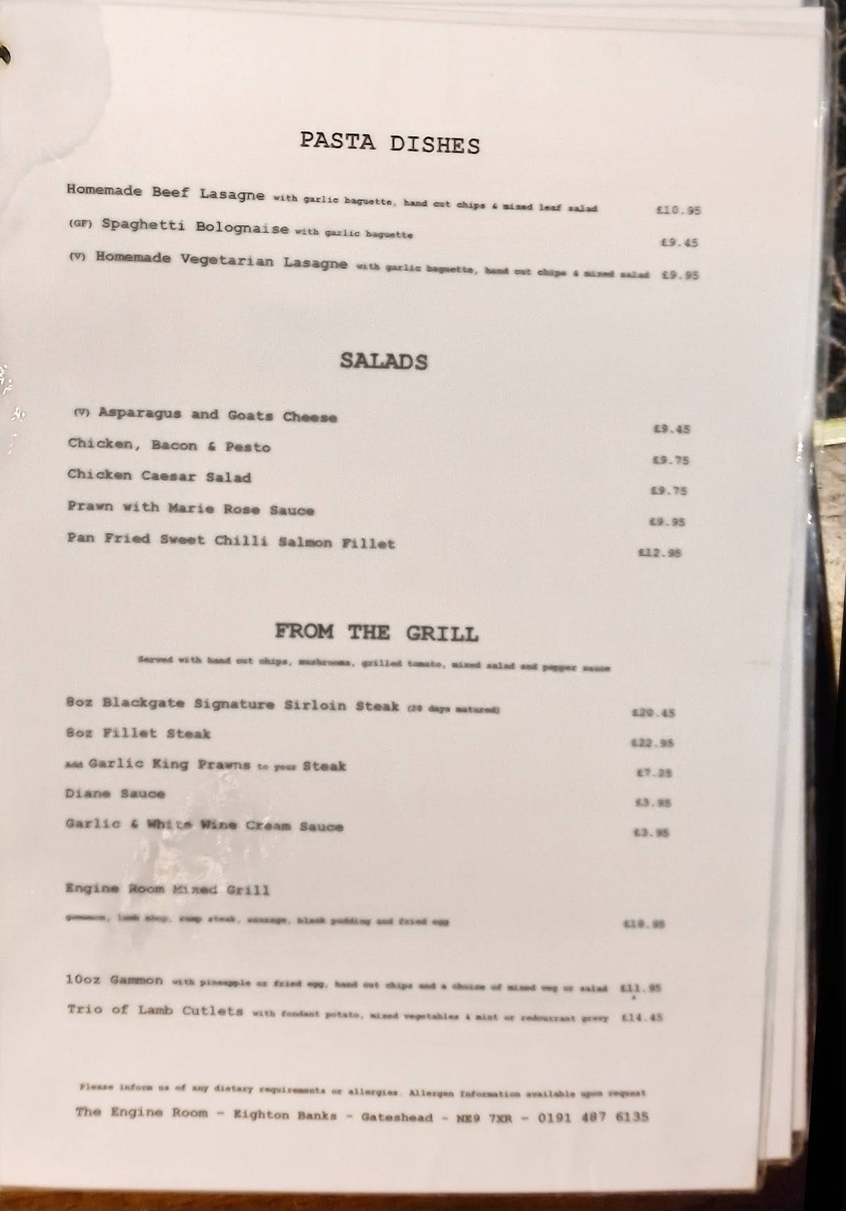 Menu at The Engine Room pub & bar, Gateshead