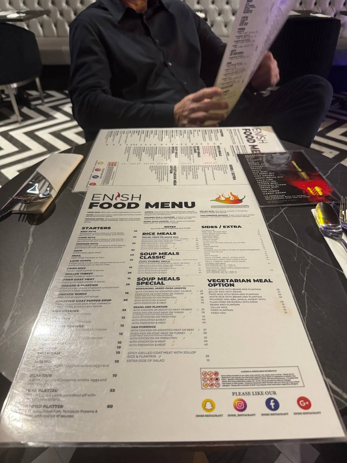 Menu at Enish Covent Garden restaurant, London