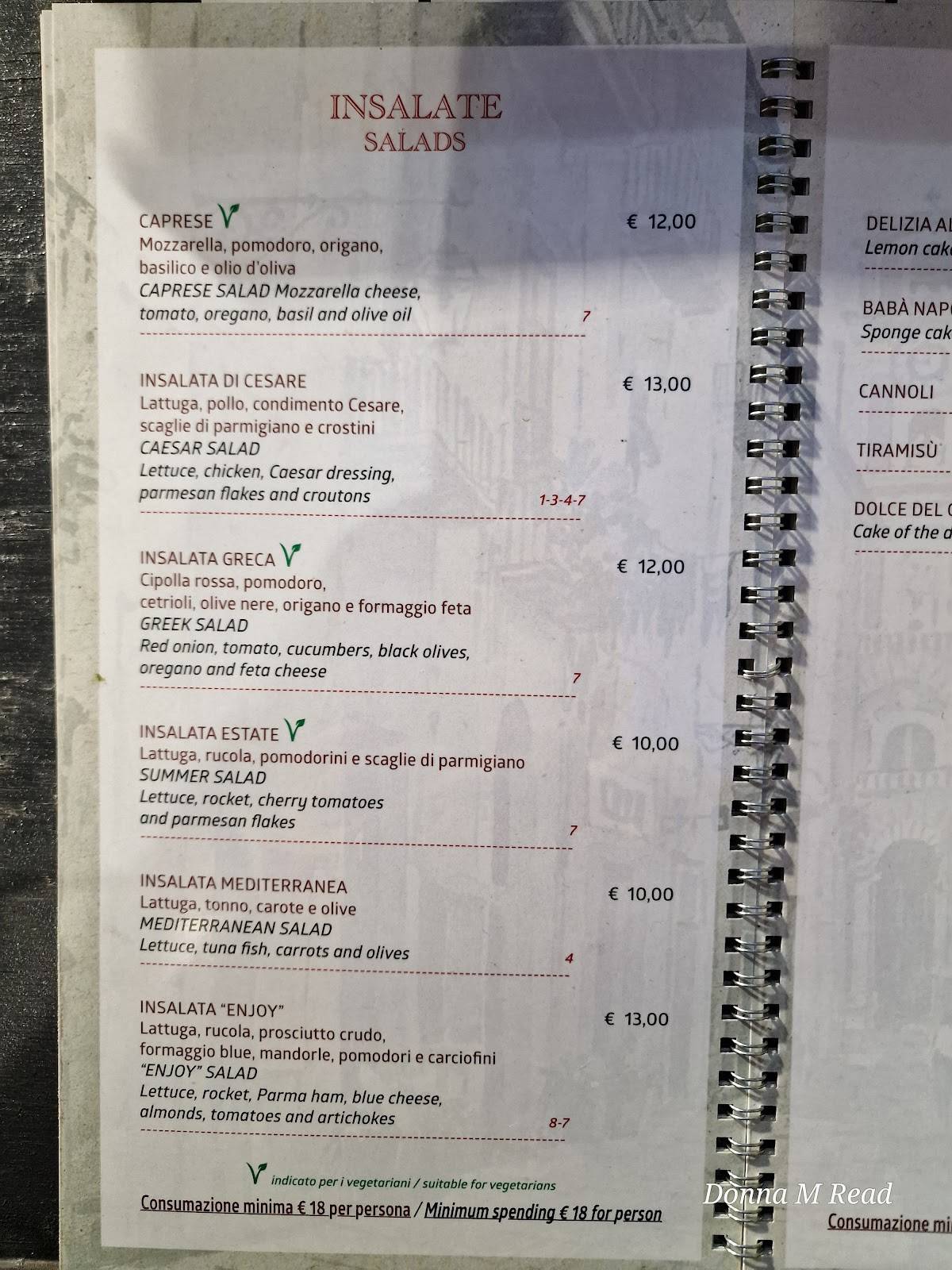 Menu at Enjoy Restaurant, Sorrento