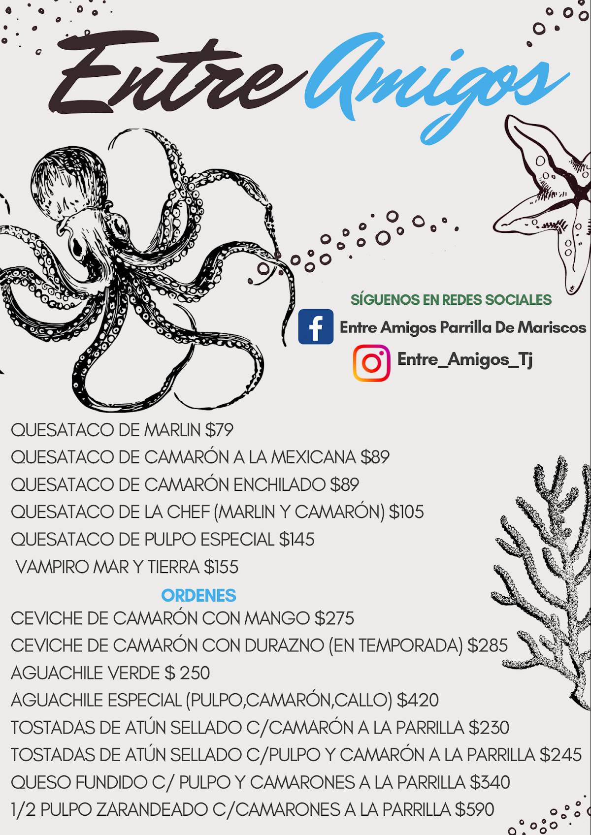 Menu at Entre Amigos Parilla de Mariscos restaurant, Tijuana