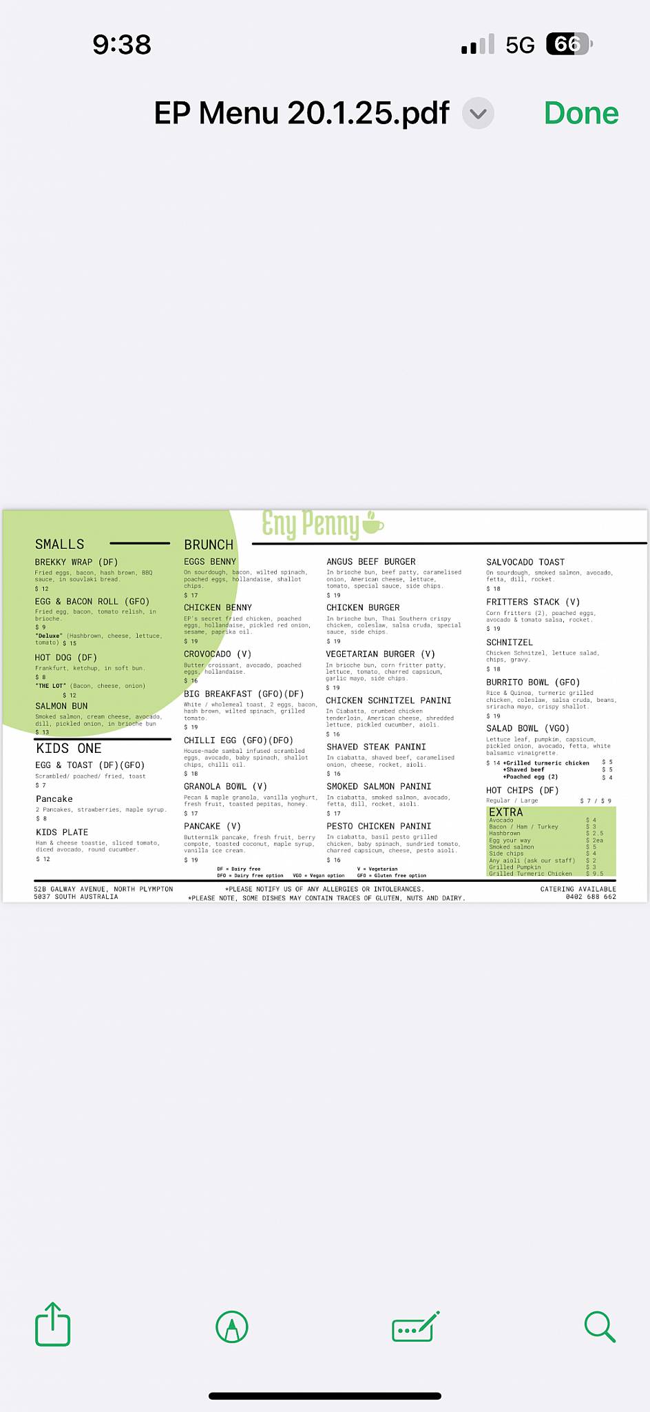 Menu at Eny Penny cafe, North Plympton