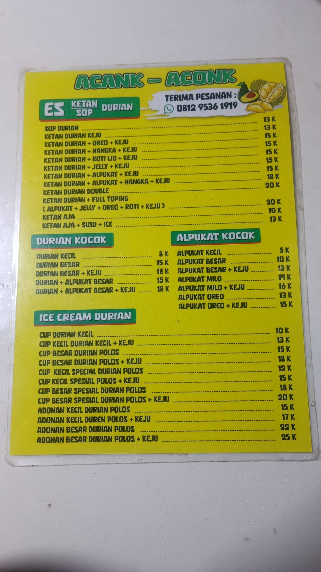 Menu at Es Ketan Durian ACANK cafe, Central Jakarta