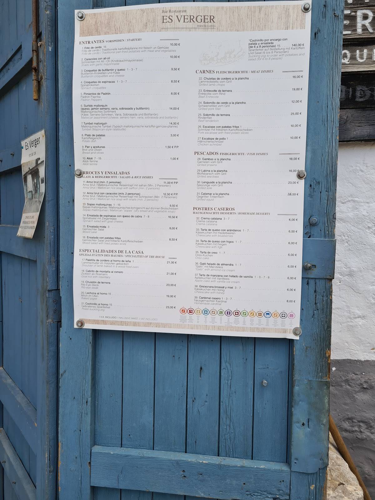 Carta del restaurante Es Verger, Alaró, PQHQ+P8